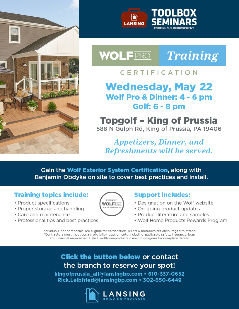 Toolbox Seminar - WOLF PRO Certification - Lansing Building Products